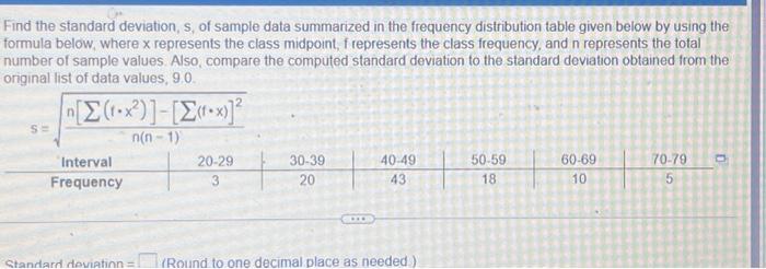Solved Find the standard deviation, s, of sample data | Chegg.com