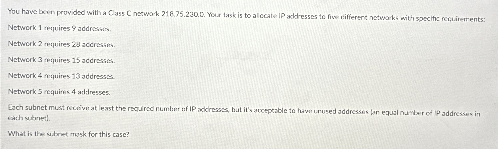 Solved You have been provided with a Class C network | Chegg.com