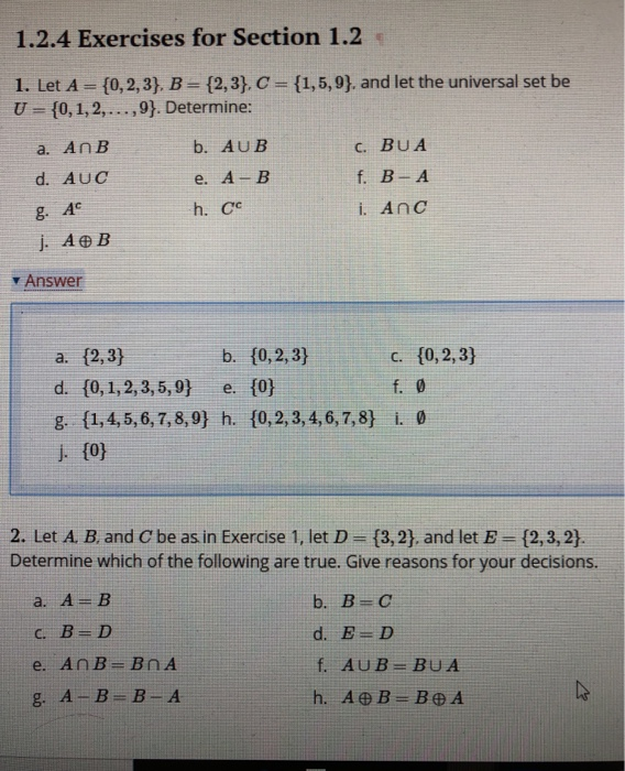 Solved 1.2.4 Exercises for Section 1.2 1. Let A = {0,2,3), B | Chegg.com