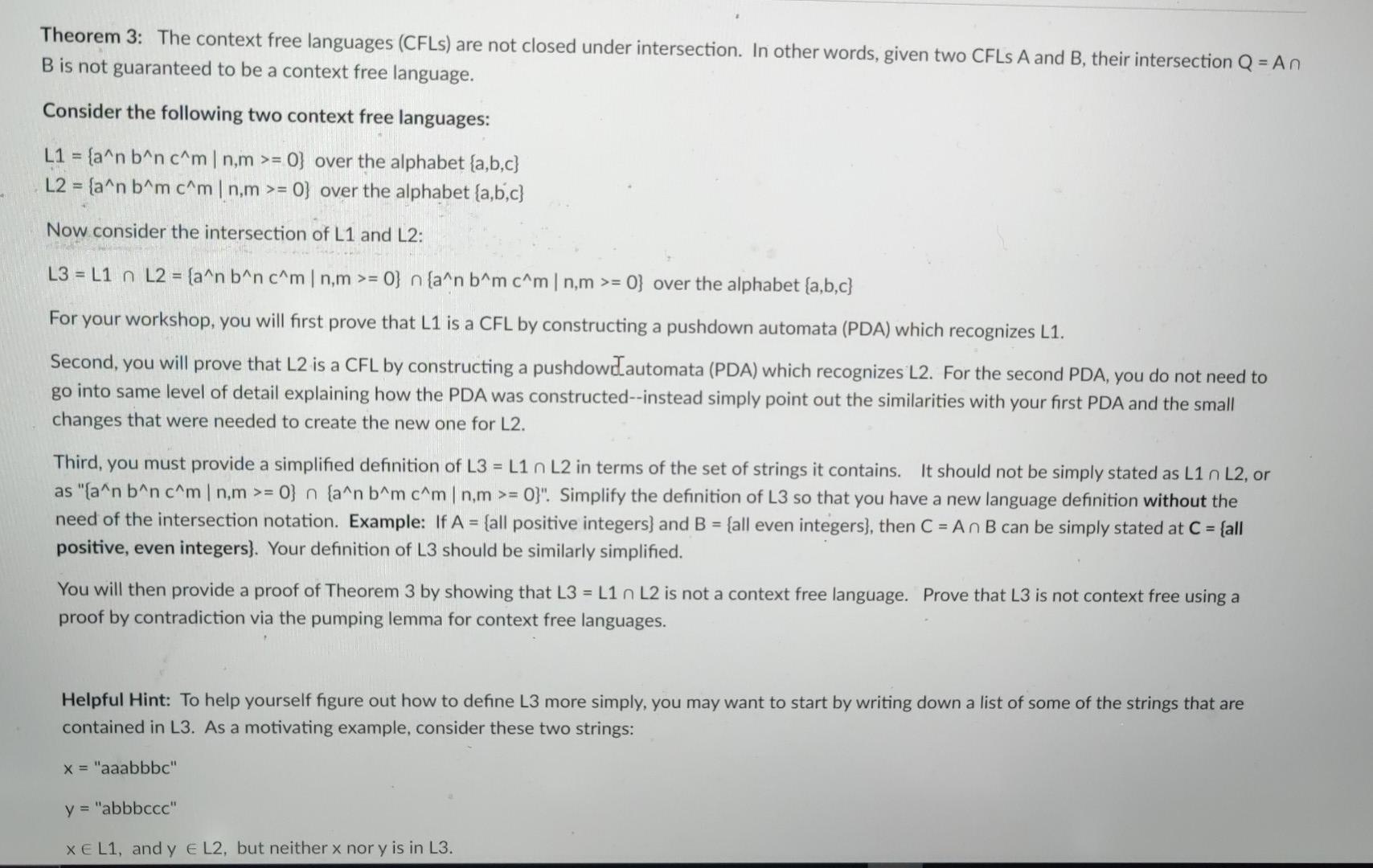 Solved Theorem 3: The context free languages (CFLs) are not | Chegg.com