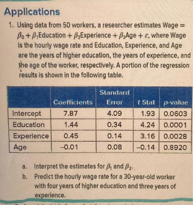 Solved Applications 1. Using data from 50 workers, a | Chegg.com
