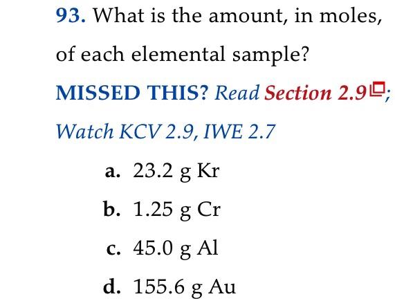 Solved 93. What is the amount, in moles, of each elemental | Chegg.com