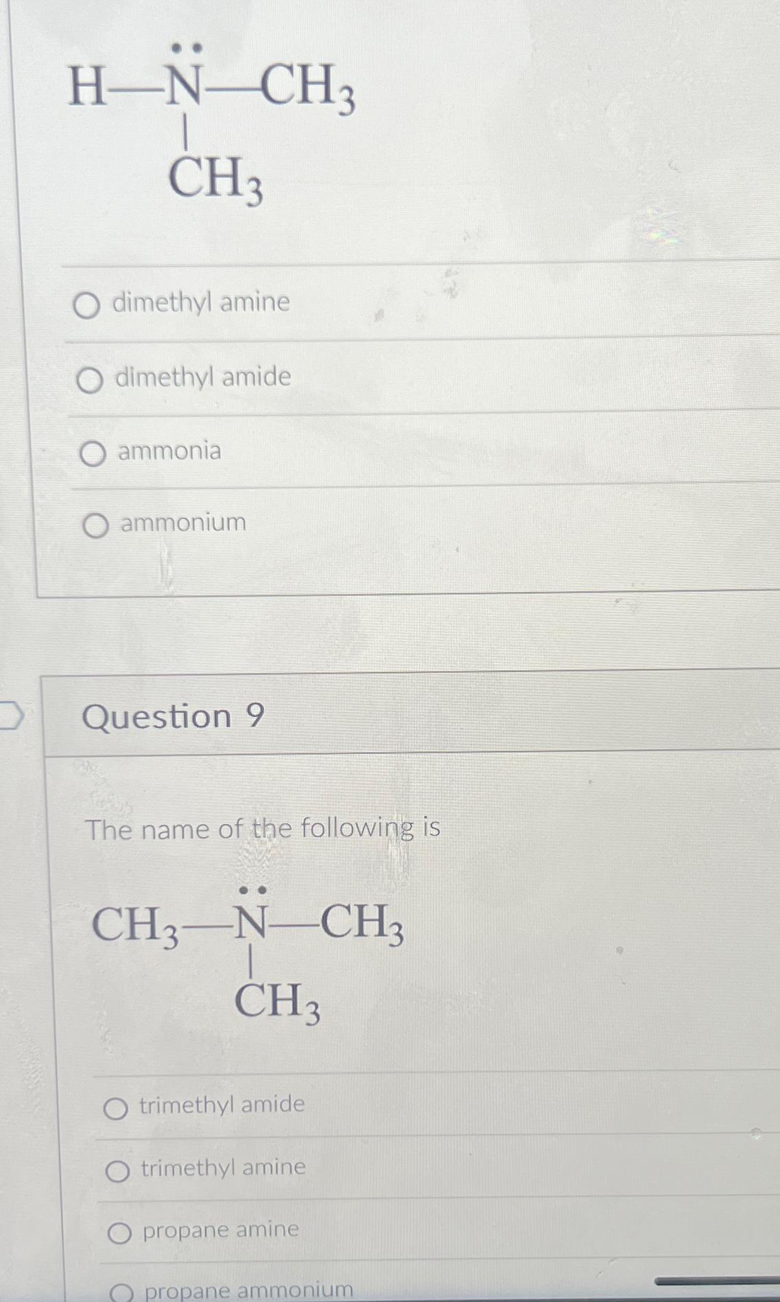 Solved dimethyl aminedimethyl amideammoniaammoniumQuestion | Chegg.com
