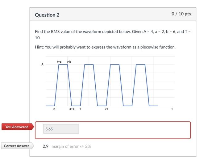 Solved Find the RMS value of the waveform depicted below. | Chegg.com
