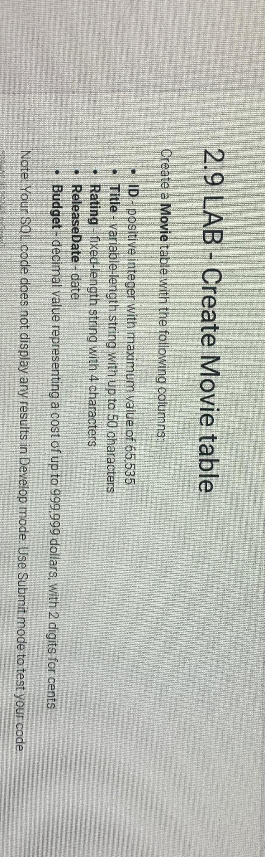 Solved 2.9 ﻿LAB - ﻿Create Movie tableCreate a Movie table | Chegg.com