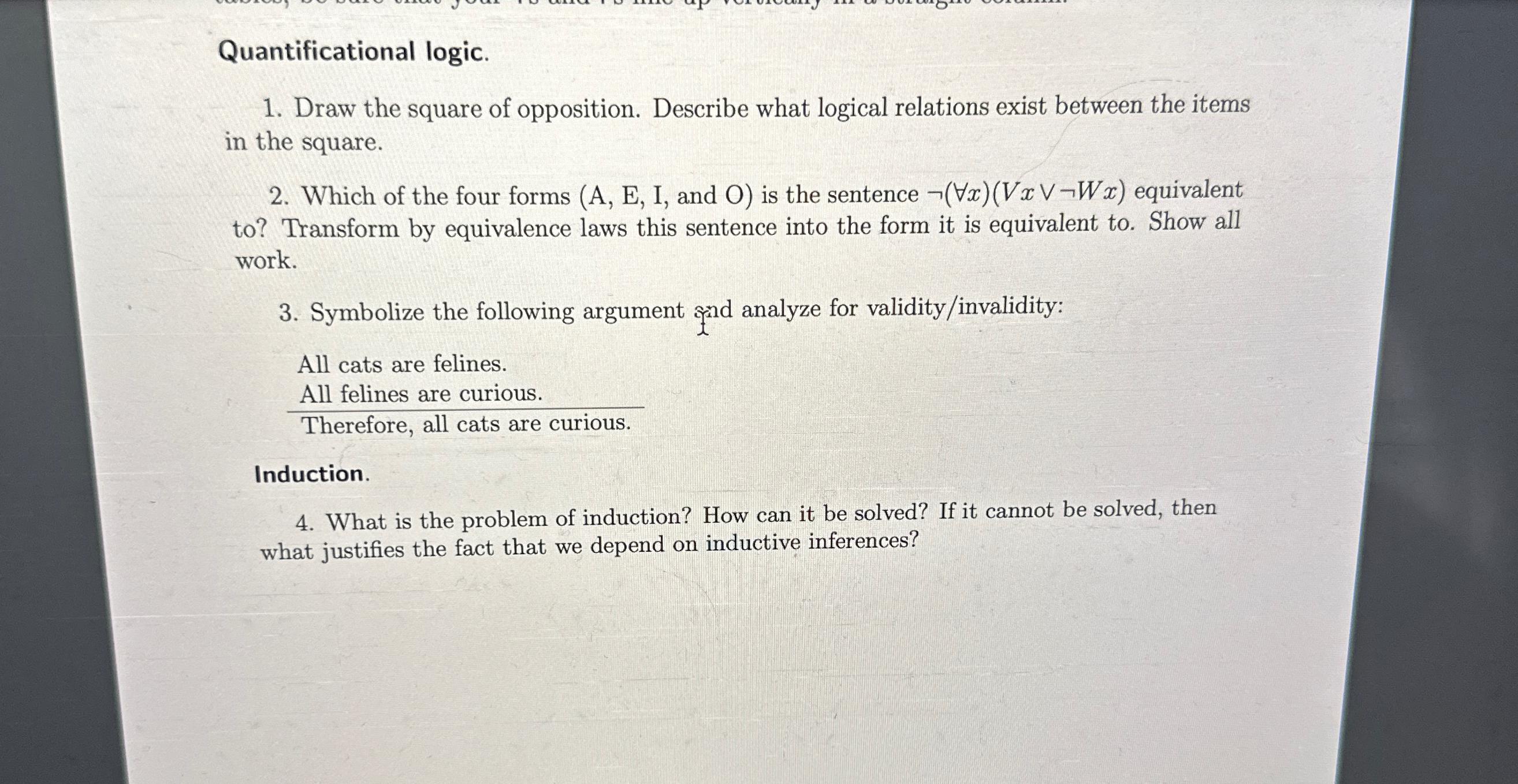 Quantificational logic.Draw the square of opposition. | Chegg.com