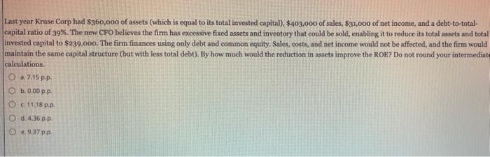 Solved Last year Kruse Corp had $360,000 of assets (which is | Chegg.com
