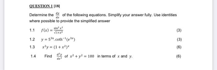 Solved Determine the dxdy of the following equations. | Chegg.com