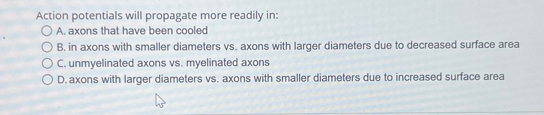 Solved Action potentials will propagate more readily in: | Chegg.com