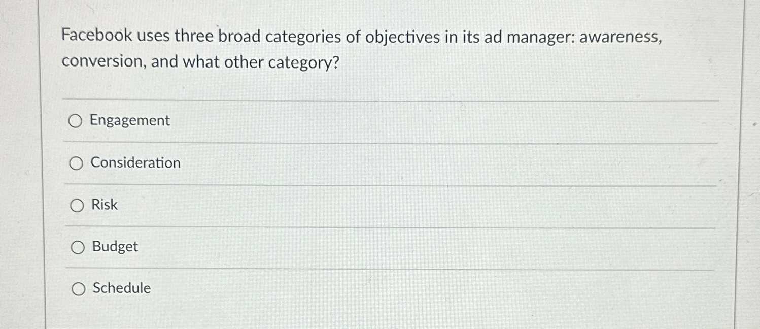 Solved Facebook uses three broad categories of objectives in | Chegg.com