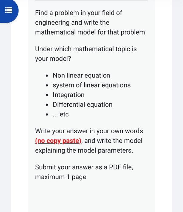 Solved Find a problem in your field of engineering and write | Chegg.com
