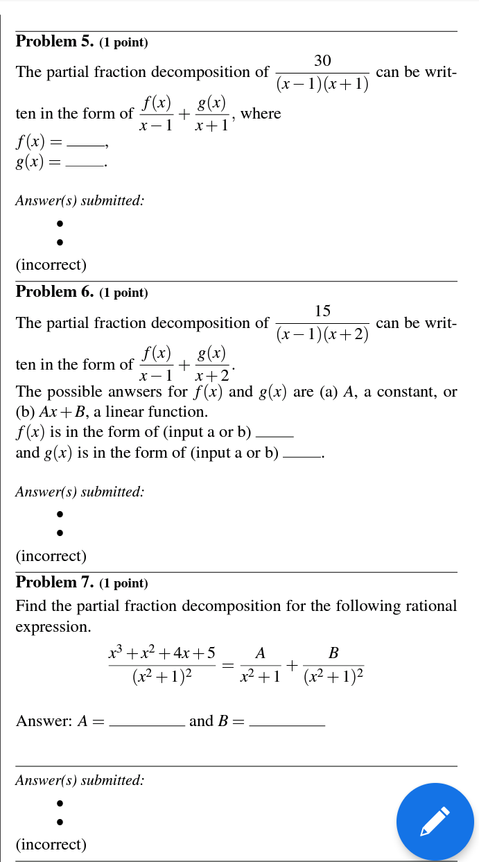 Solved Problem 1. (1 point) The partial fraction | Chegg.com