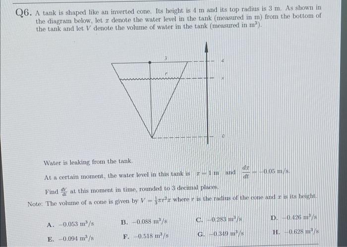 Solved Q6. A tank is shaped like an inverted cone. Its | Chegg.com