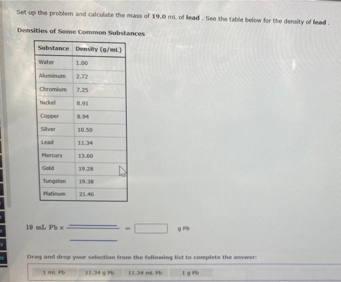 Solved Set up the problem and calculate the mass of 19.0 mL | Chegg.com
