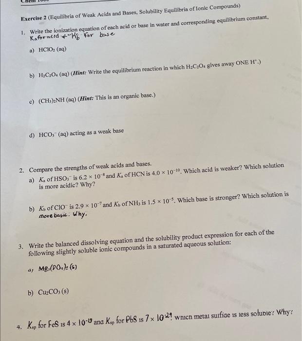 Solved Exercise 2 (Equilibria of Weak Acids and Bases, | Chegg.com