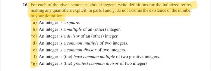 Solved 16. For each of the given sentences about integers, | Chegg.com