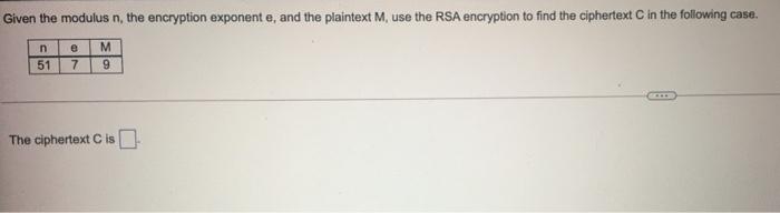 Solved Given the modulus n, the encryption exponent e, and | Chegg.com