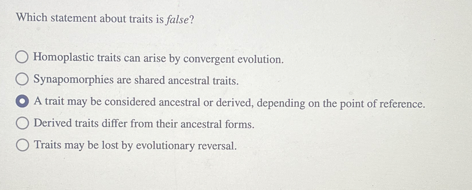 Solved Which statement about traits is false?Homoplastic | Chegg.com