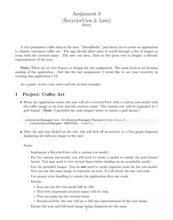 Solved Assignment 8 (RecyclerView \& Lists) 15413 A very | Chegg.com