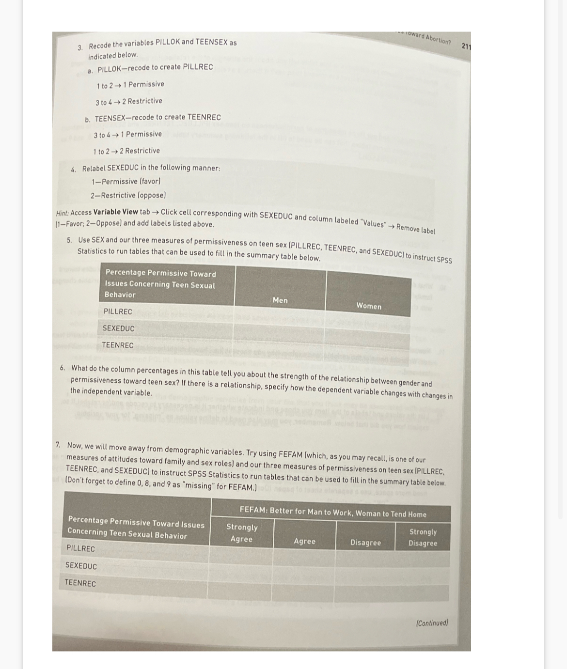 Solved Recode the variables PILLOK and TEENSEX as indicated | Chegg.com