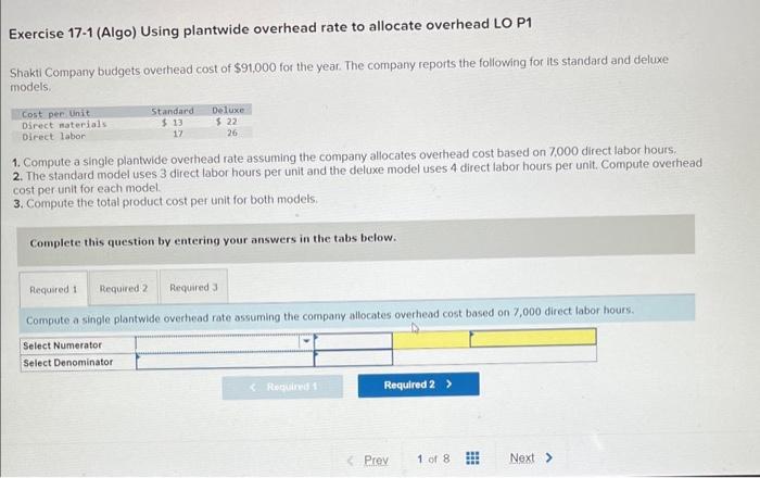 Solved Exercise 17-1 (Algo) Using plantwide overhead rate to | Chegg.com