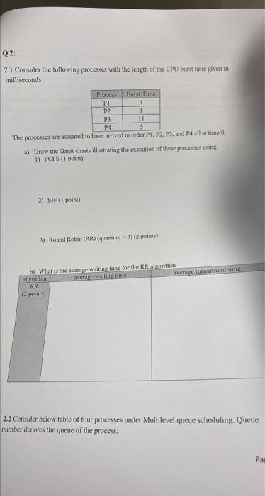 Solved 2.1 Consider the following processes with the length | Chegg.com