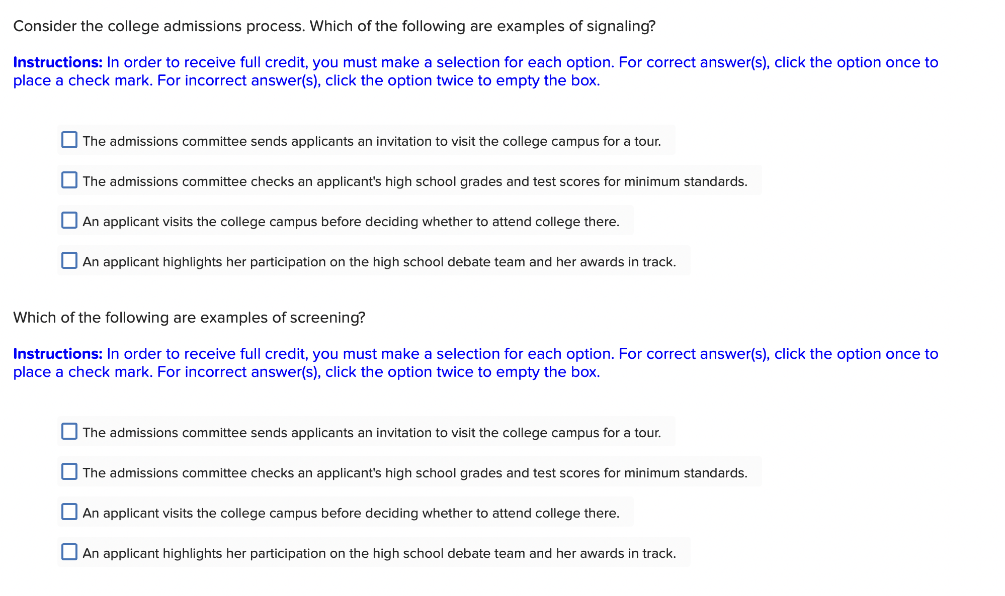 Solved Consider the college admissions process. Which of the | Chegg.com