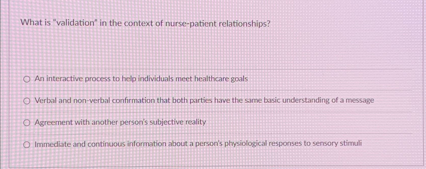 Solved What is "validation" in the context of nurse-patient | Chegg.com