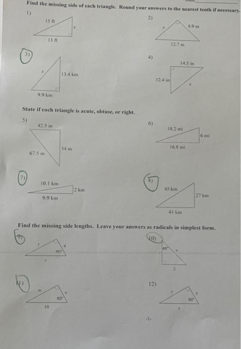 Solved Find the missing side of each triangle. Round your | Chegg.com