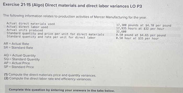 Solved Exercise 21-15 (Algo) Direct materials and direct | Chegg.com