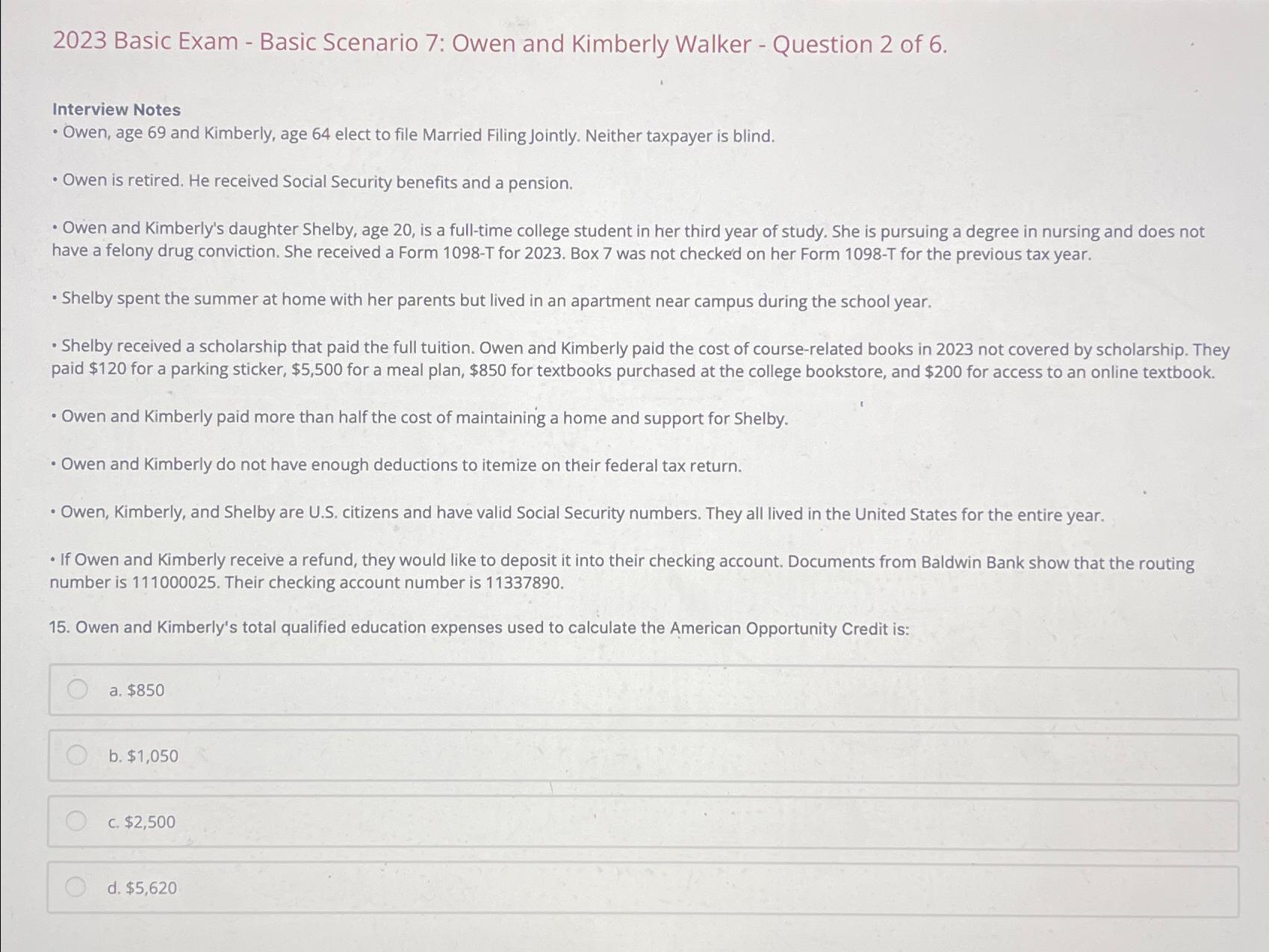 Solved 2023 ﻿Basic Exam - ﻿Basic Scenario 7: Owen and | Chegg.com