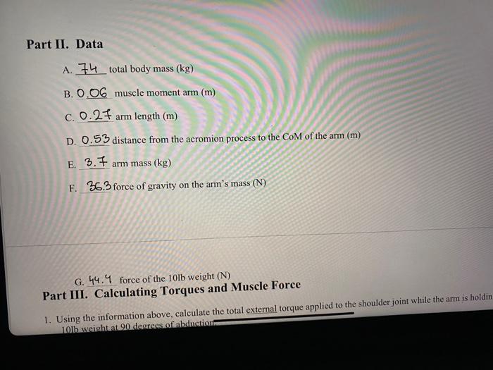 Part II. Data A. 74 total body mass (kg) B. 0.06 | Chegg.com