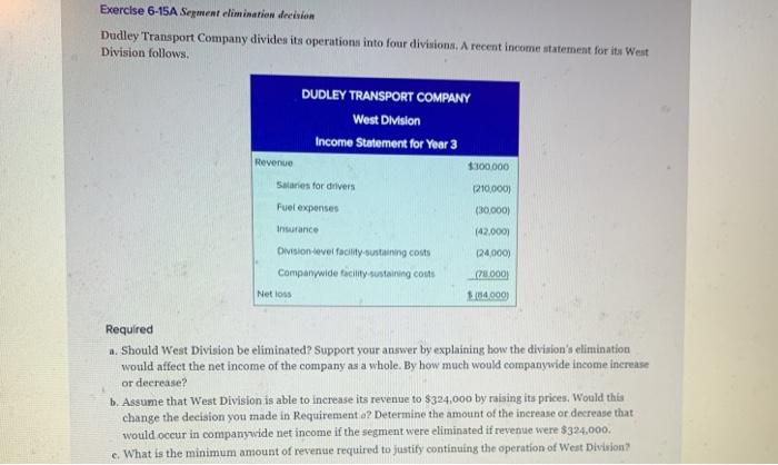 Solved Exercise 6-15A Segment elimination decision Dudley | Chegg.com