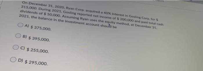 Solved On December 31, 2020, Ryan Corp, acquired a 40% | Chegg.com