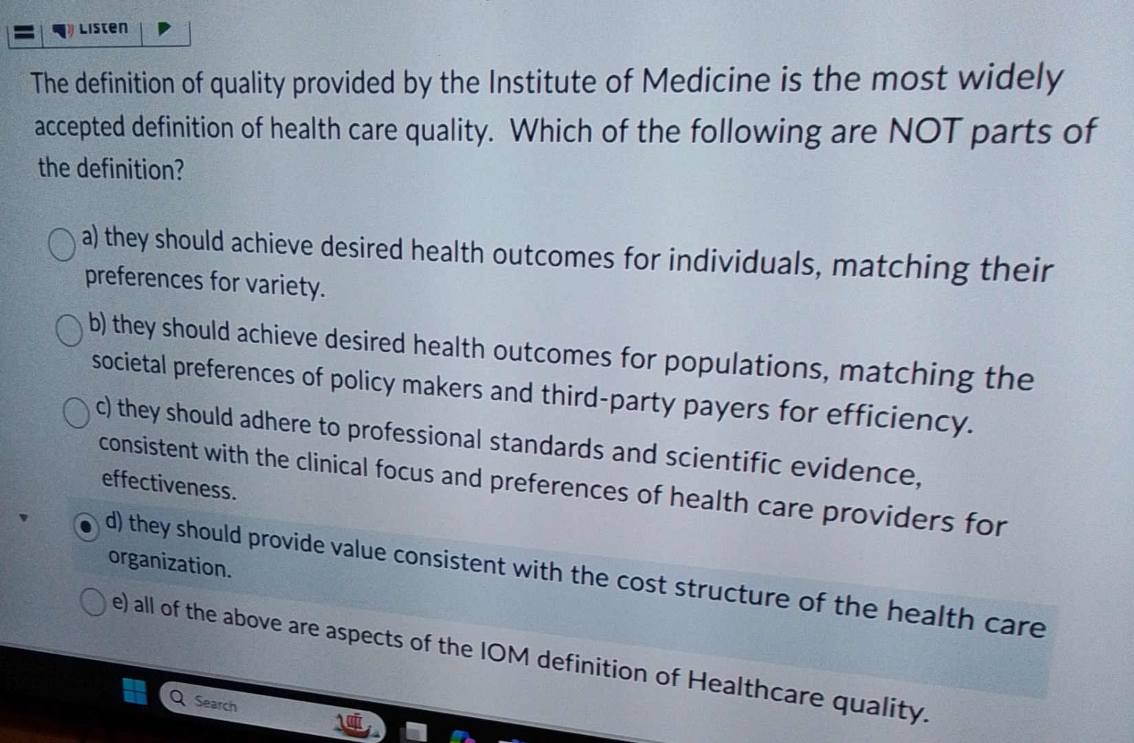 Solved The definition of quality provided by the Institute | Chegg.com