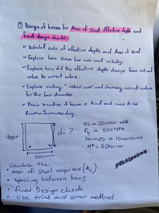 Solved (1) Design of beam for Area of Sted, Effective depth | Chegg.com
