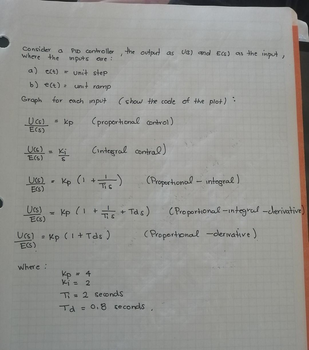 Solved Consider a PID controller, the output as U(S) and | Chegg.com