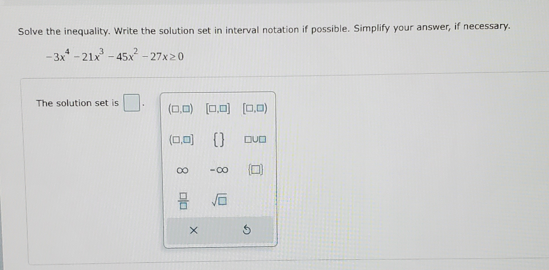 Solved Solve the inequality. Write the solution set in | Chegg.com