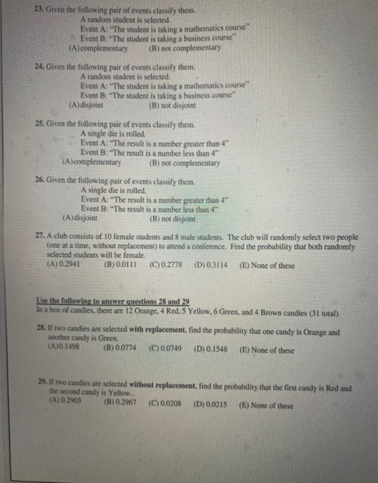 Solved 23. Given the following pair of events classify them. | Chegg.com