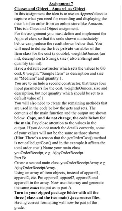 Assignment 7 Classes and Object - Apparel as Object | Chegg.com