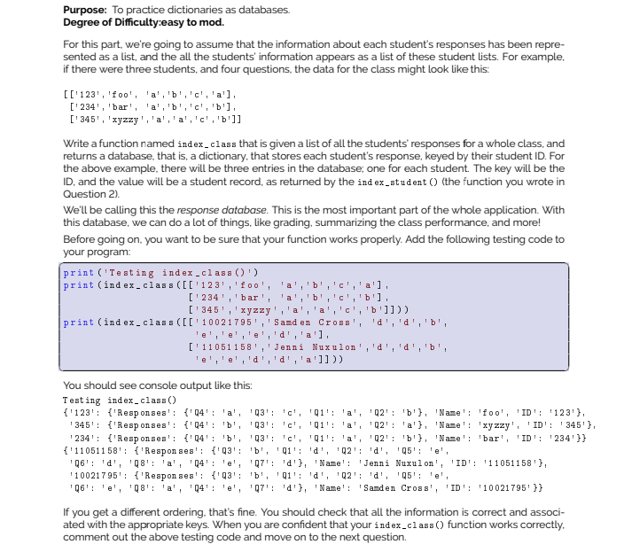 Solved Purpose: To practice dictionaries as databases. | Chegg.com