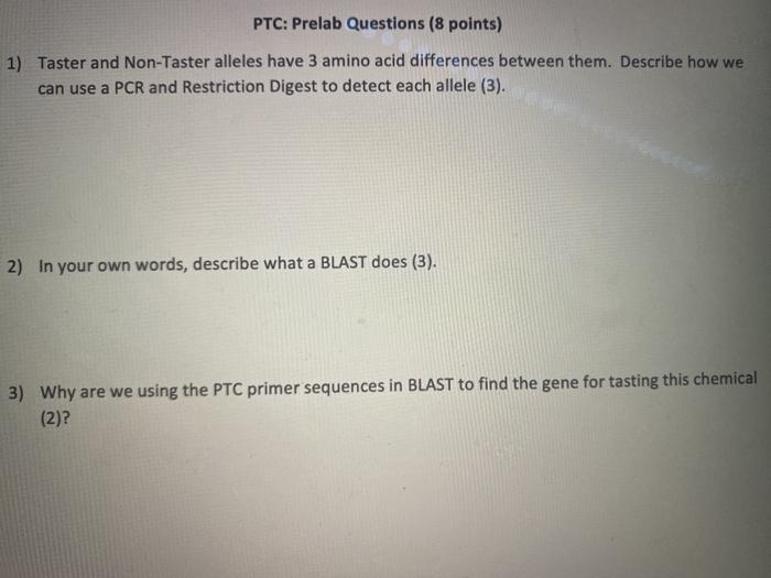 PTC: Prelab Questions (8 points) 1) Taster and | Chegg.com