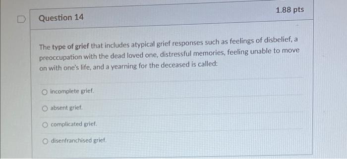 Solved 1.88 pts D Question 14 The type of grief that | Chegg.com