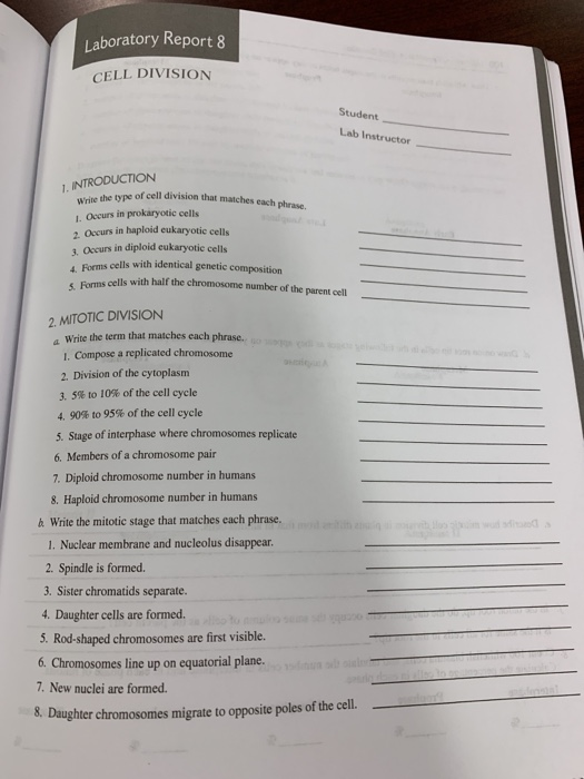 Solved Laboratory Report 8 CELL DIVISION Student Lab | Chegg.com