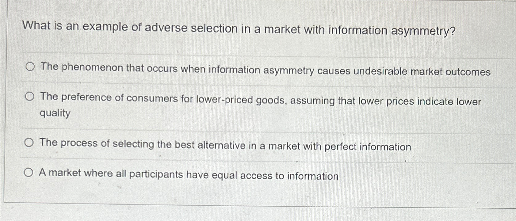Solved What is an example of adverse selection in a market | Chegg.com