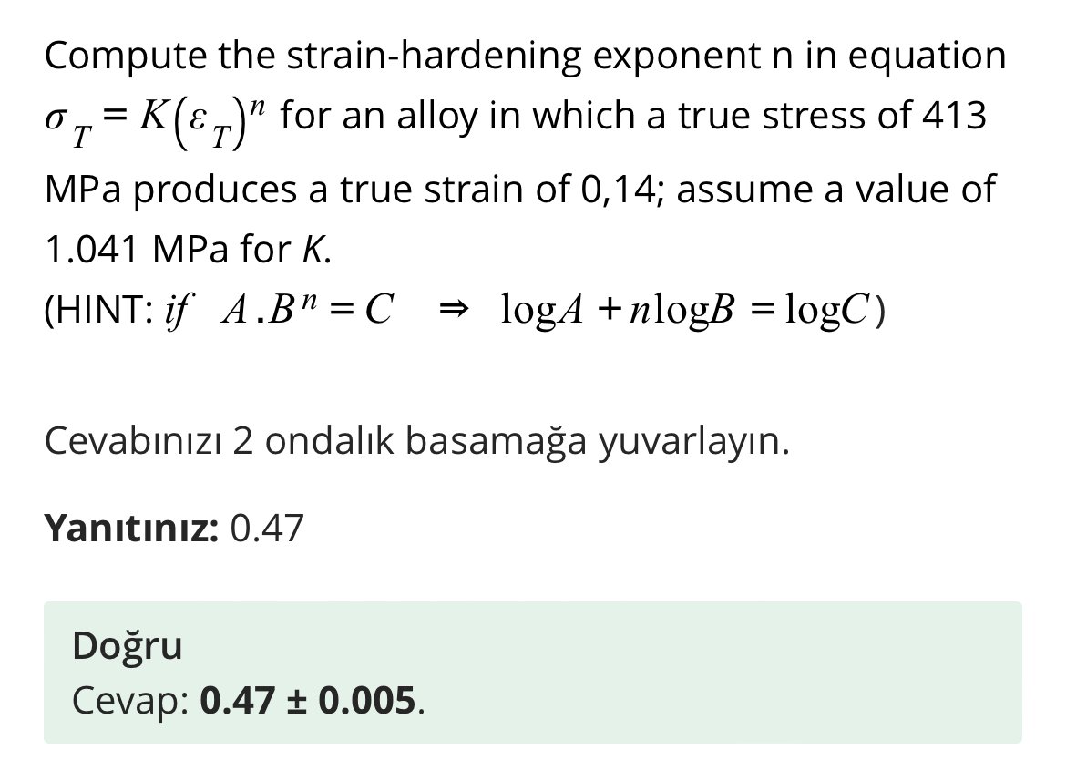 Solved Compute the strain-hardening exponent n in equation | Chegg.com