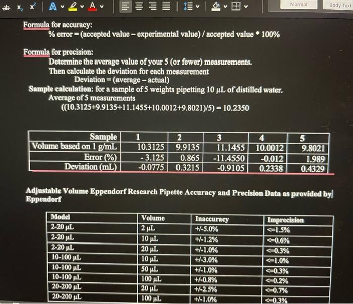 Solved Formula for accuracy: % error =( accepted value − | Chegg.com