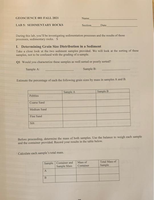 GEOSCIENCE 001 FALL 2021 Name LAB 5: SEDIMENTARY | Chegg.com