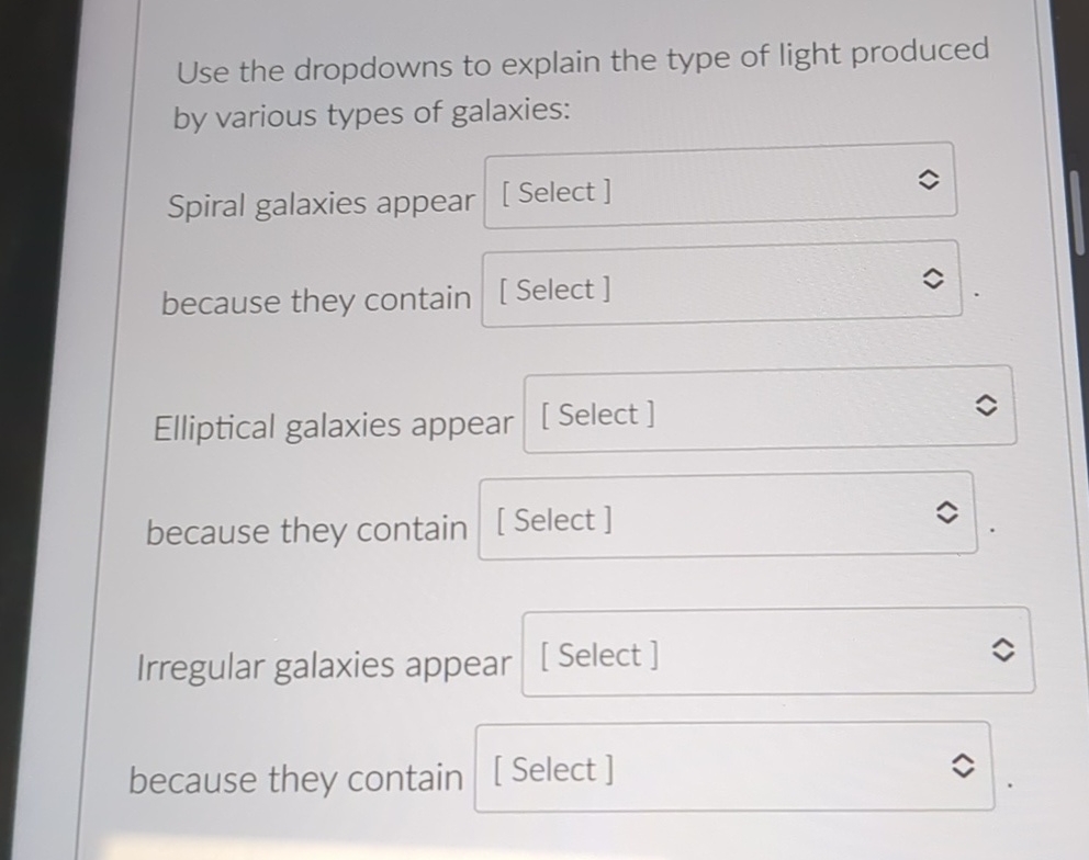 Solved Use the dropdowns to explain the type of light | Chegg.com