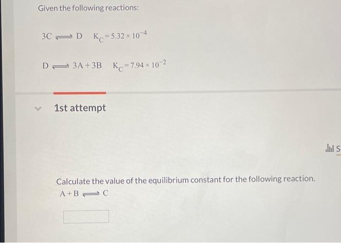 Solved Given the following reactions: 3C⇌DKC=5.32×10−4 D⇌3 | Chegg.com